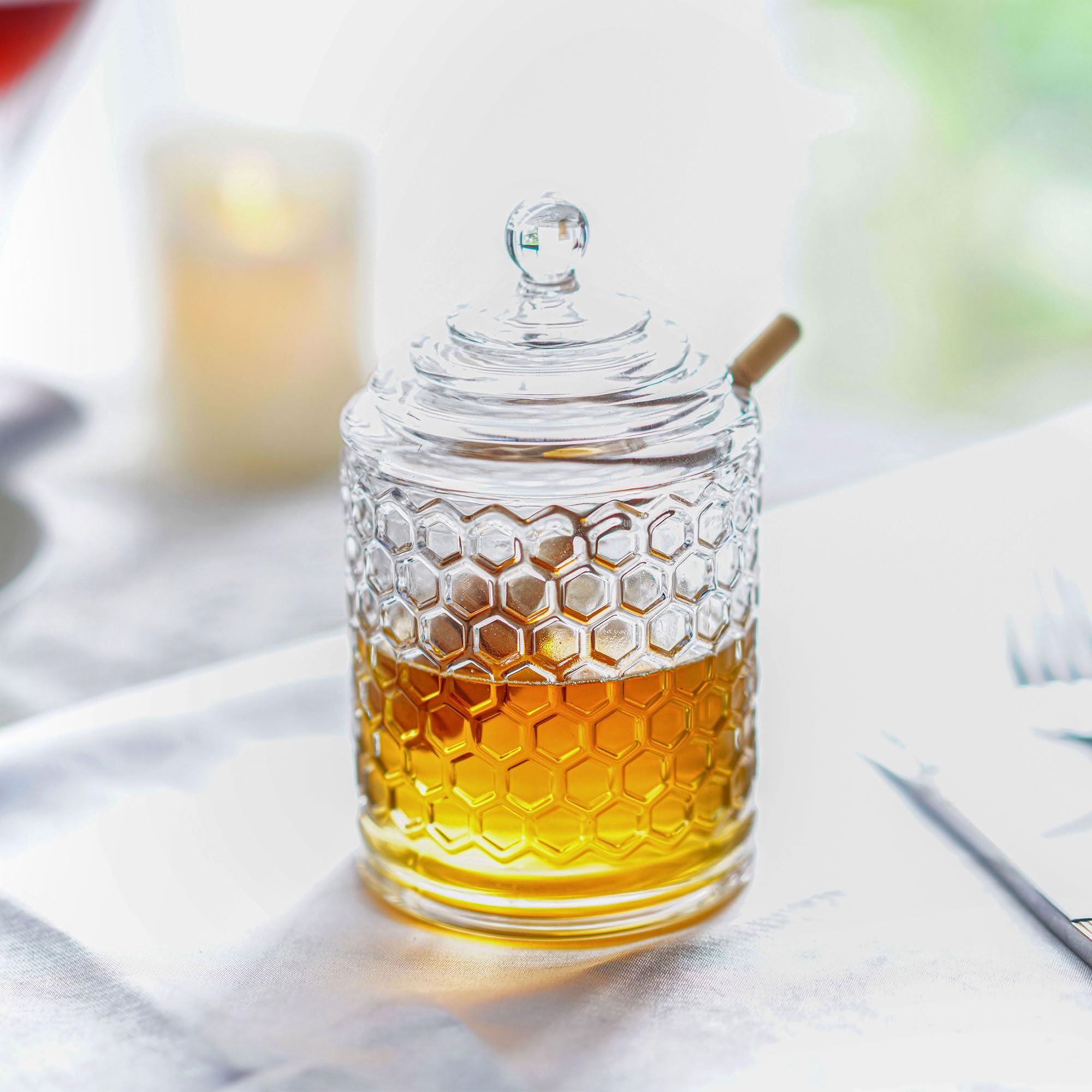 kanpura Clear Crystal Honey Pot with Dipper and Lid,Glass Honey Jar with Dispenser, Glass Honey and Syrup Container for Home Kitchen