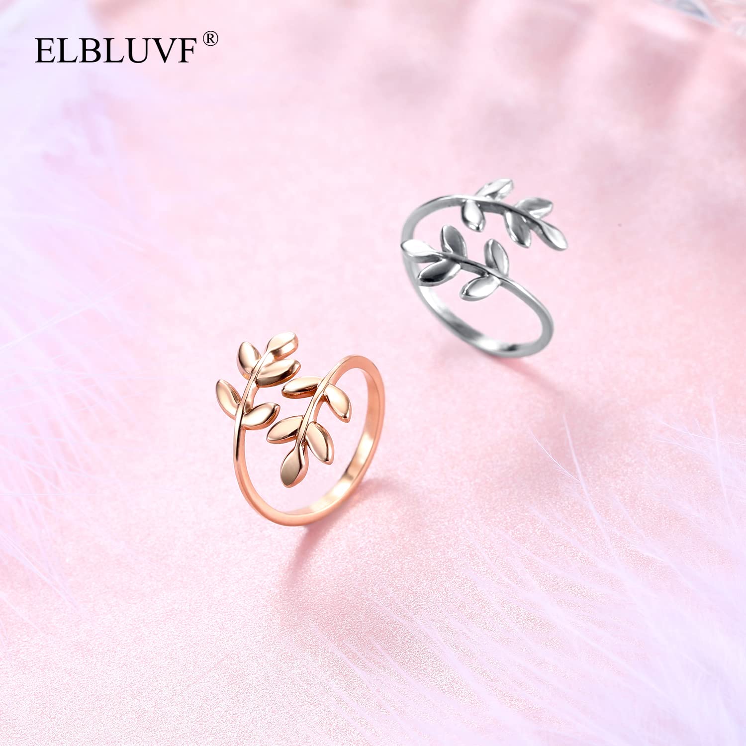 ELBLUVF Stainless Steel 18k Rose Gold Plated Leaves Leaf Laurel Adjustable Branch Ring Jewelry for Women