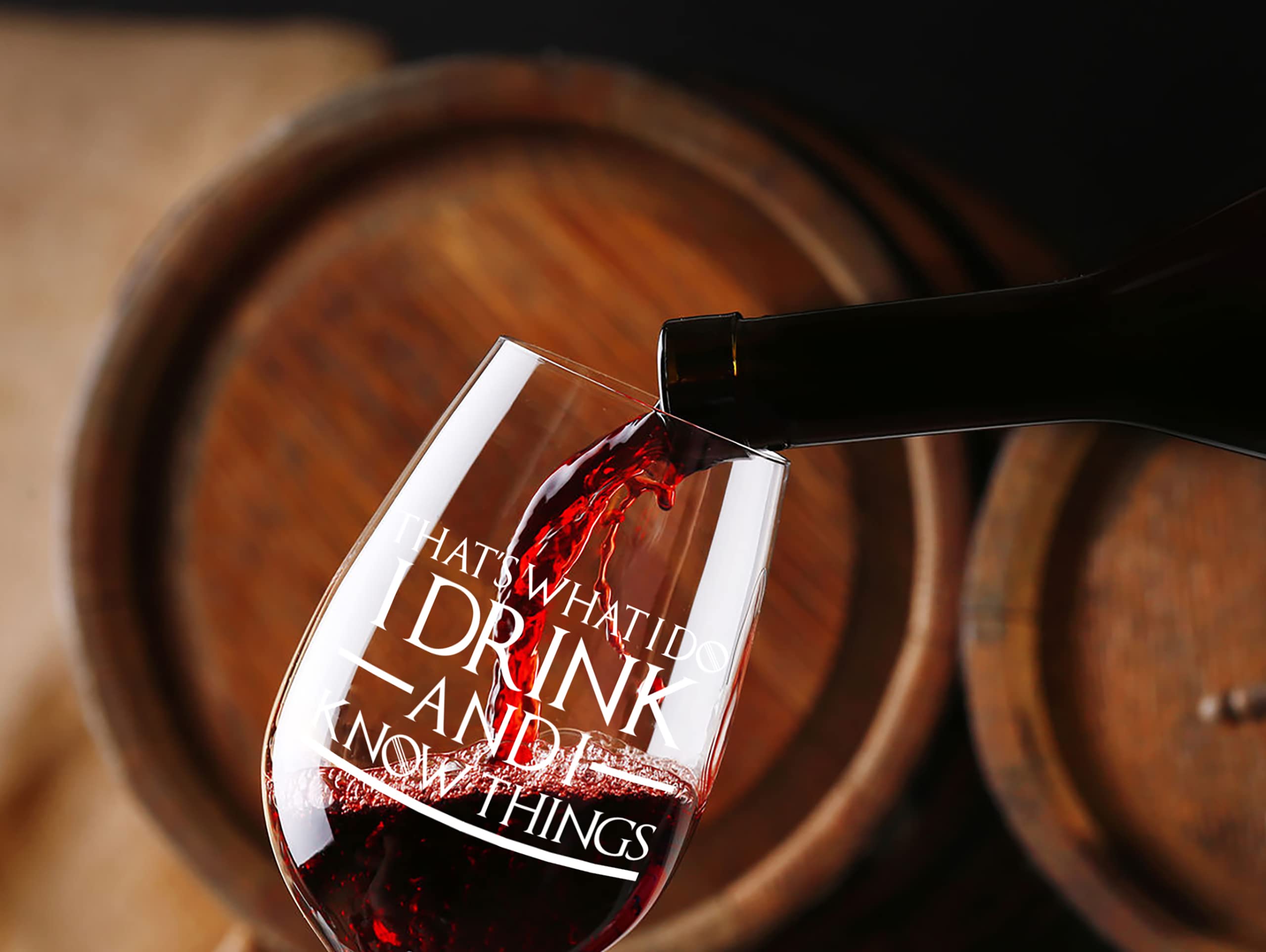Game of Thrones Stemless Wine Glasses (21oz) - Personalized Etched Glassware w/ “That’s What I Do I Drink and I Know Things” Quote - Stemless Custom Wine Glasses - Fathers Day Gifts for Dads