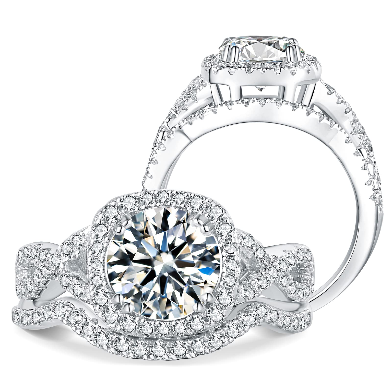 GUYOICHT 925 Sterling Silver Twisted Bridal Wedding Engagement Ring Band Set, Round Cut Moissanite Engagement Rings for Women Size 6-8 (style 1, 7)