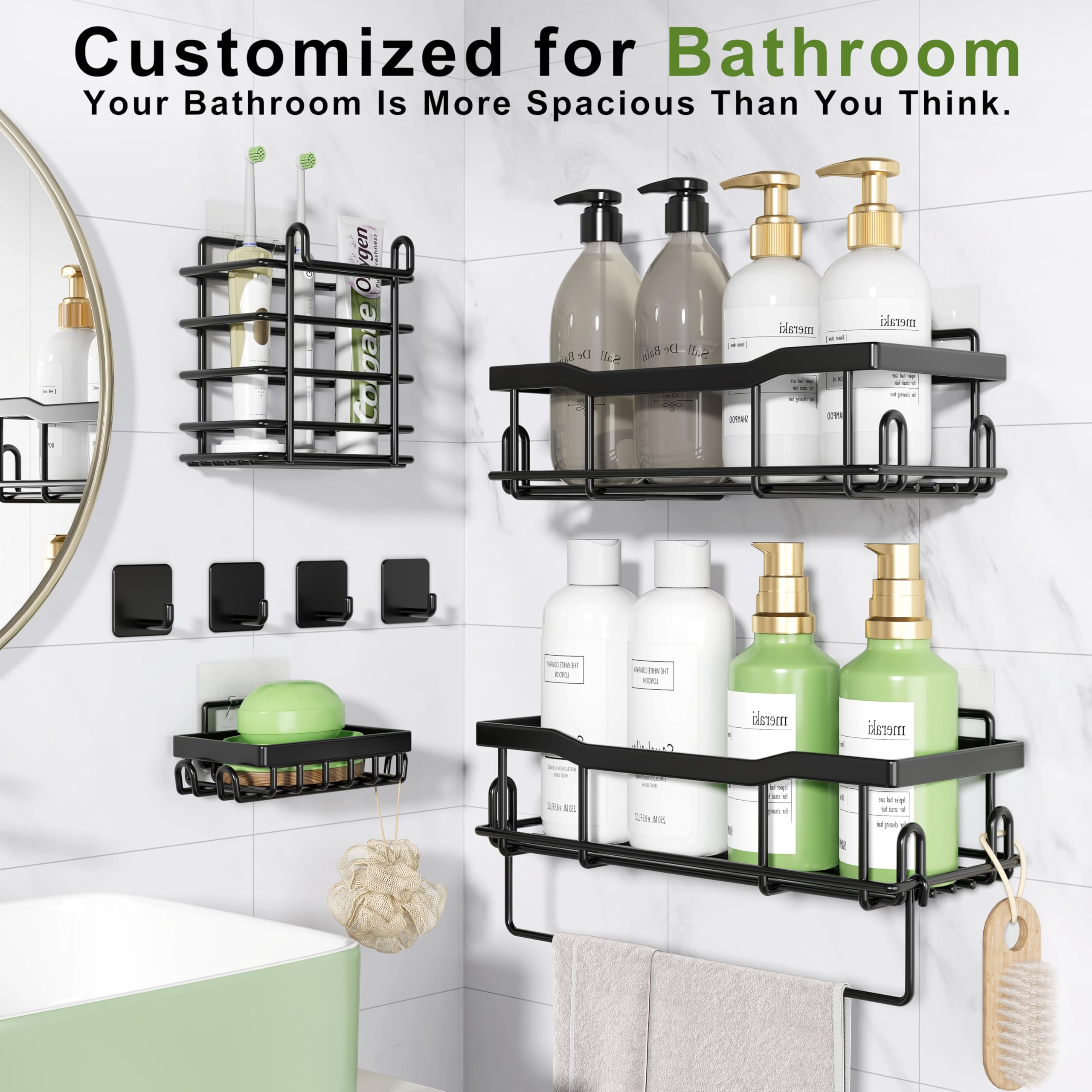 JIANDOS Shower Caddy 9 Pack, Adhesive Shower Organizers for Bathroom&Kitchen, Large Capacity Stainless Steel, Drill-Free Shower Shelves for Inside Shower with Hooks SC01-1