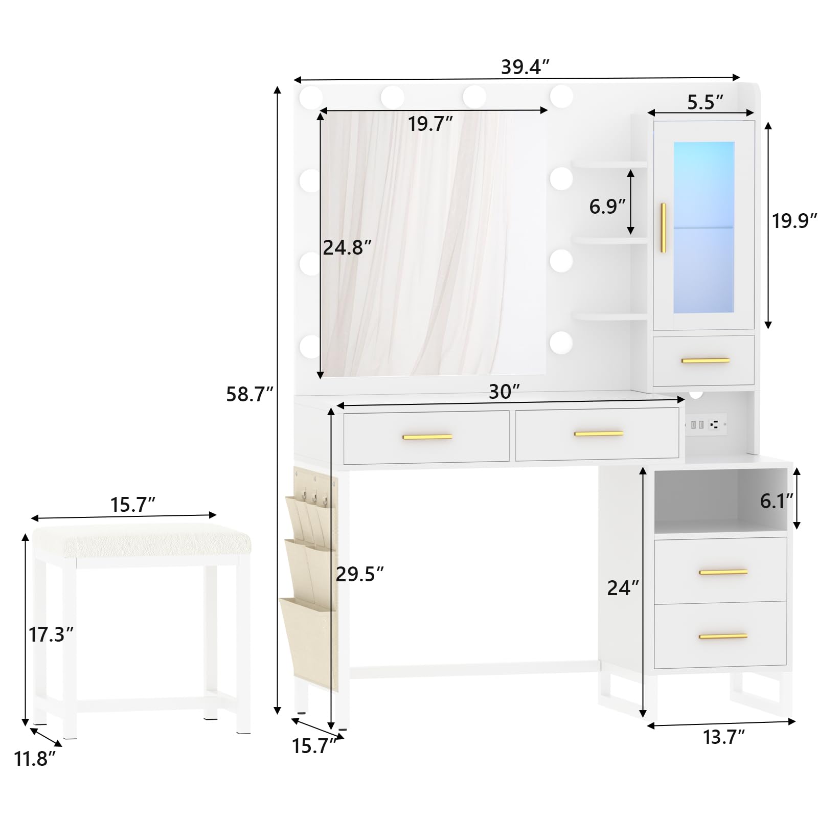 Dnxao Vanity Desk with Mirror and Lights, White Makeup Vanity Desk with Mirror Lights Vanity Table Set with Charging Station, 5 Drawers & Side Storage Bag, 3 Lighting Modes, Brightness Adjustable