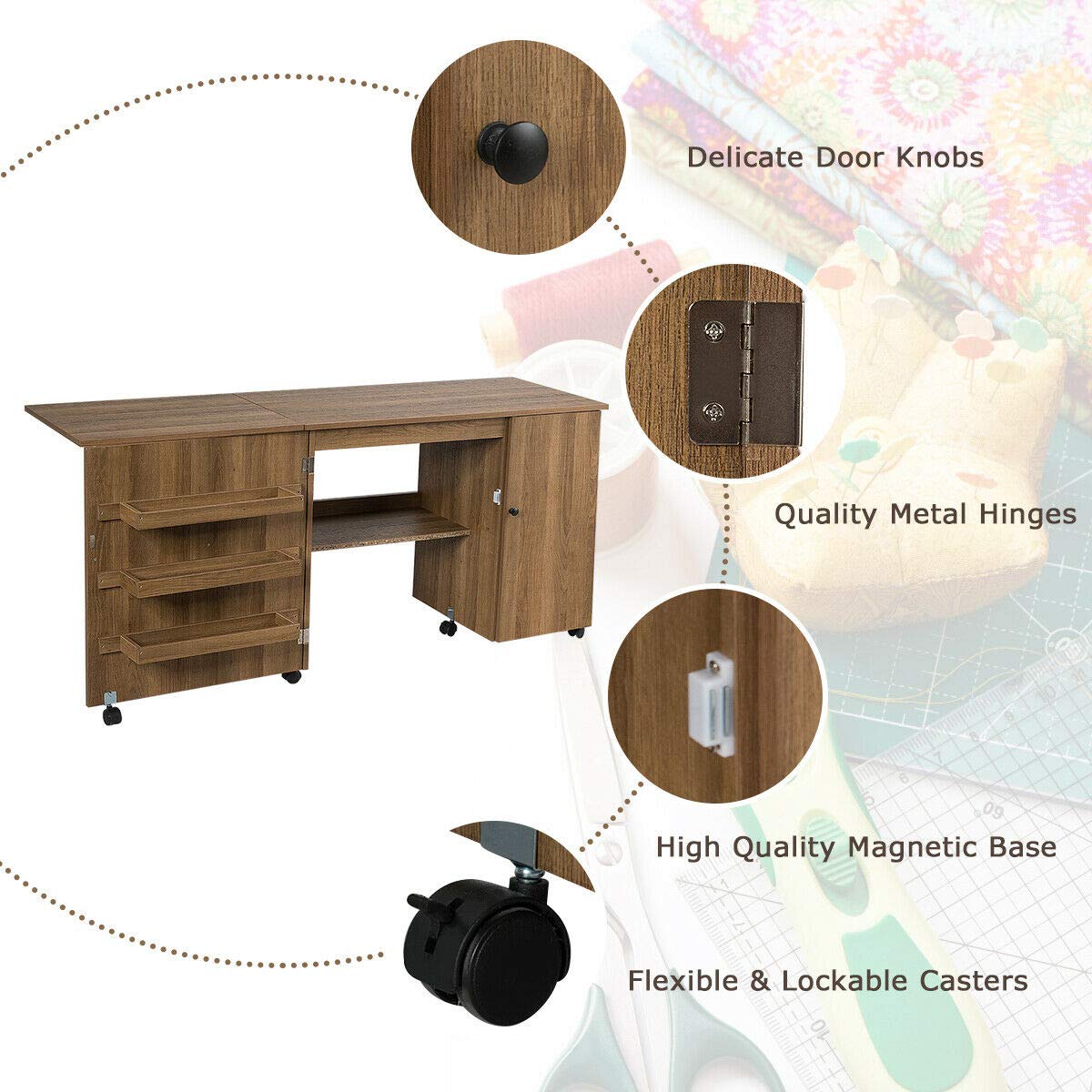DORTALA Folding Sewing Table, Large Size Craft Cart w/Storage Shelves and Lockable Casters, Rolling Craft Station Sewing Table for Apartment Home, Portable Storage Cabinet for Small Space, Natural