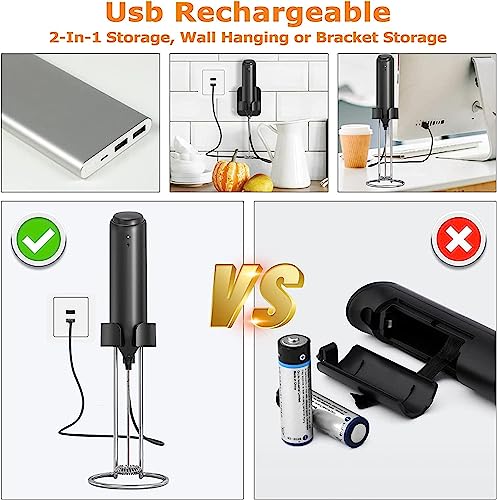 FFG Milk Frother Handheld , New Upgraded Wall Mount Bracket usb Socket Induction Charging Manual Coffee Maker. Handheld Electric Milk Frother For Coffee Matcha Cappuccino Hand Mixer (Black)