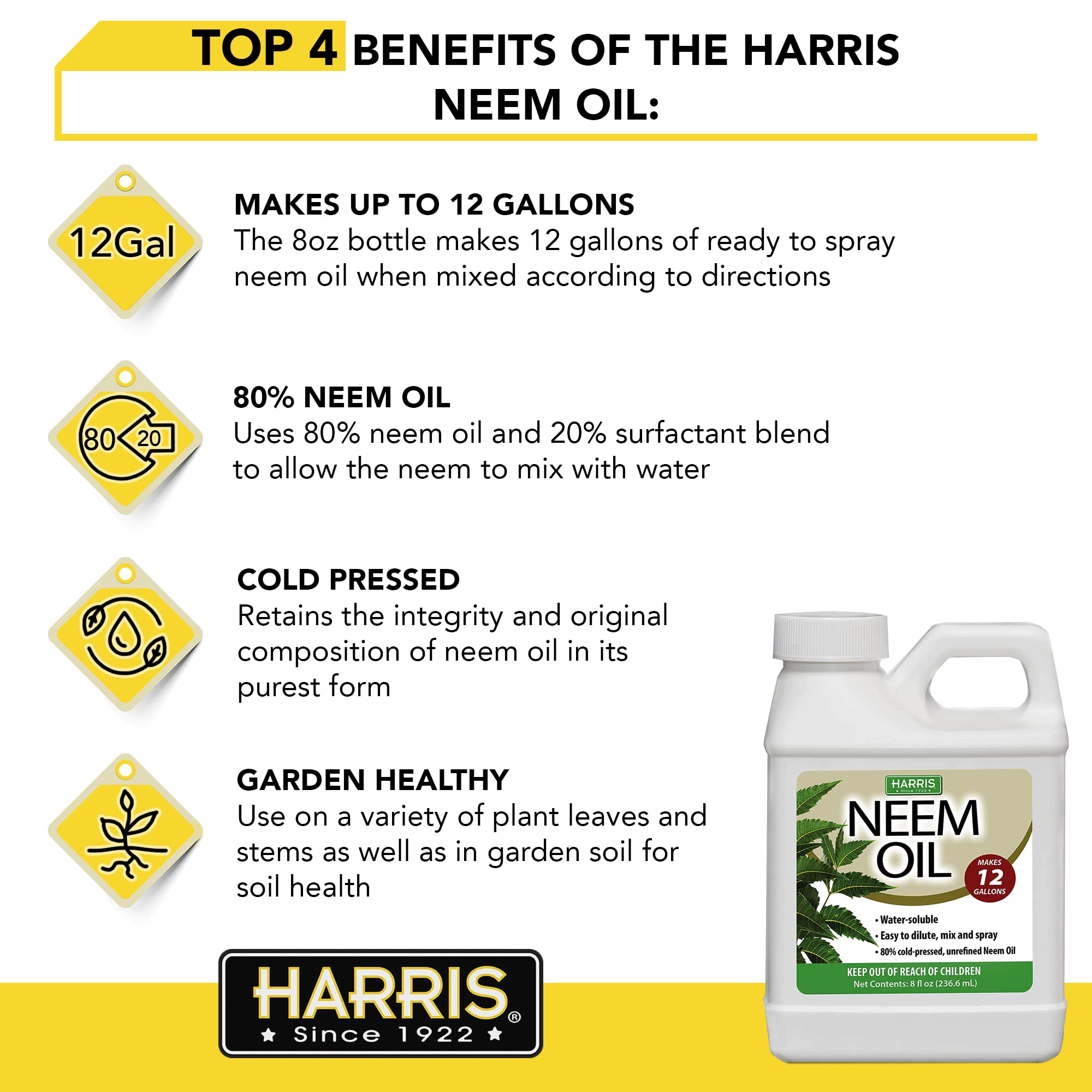 HARRIS Neem Oil Cold Pressed Water Soluble Concentrate, Makes 12 Gallons, 8oz NEEM-8C