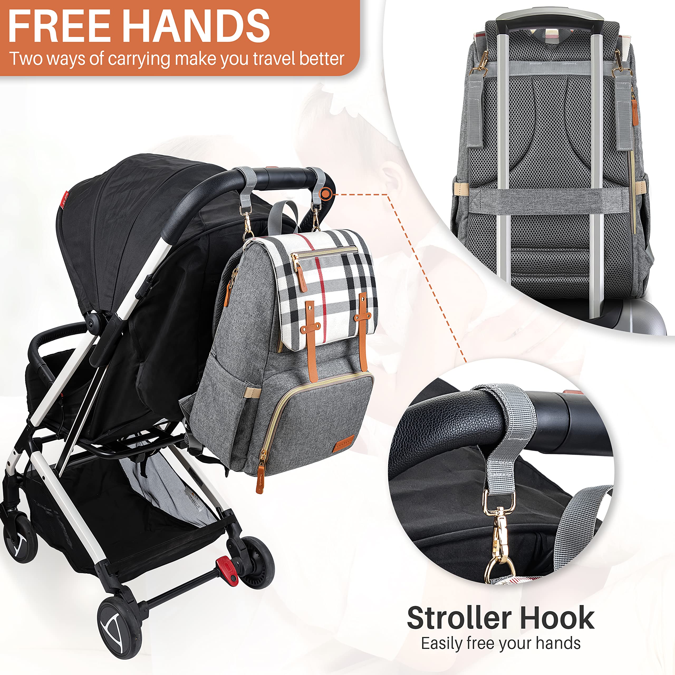 espidoo Diaper Bag Backpack, Large Capacity Multi-Function Waterproof Maternity Nappy Bags Changing Bags with Insulated Pockets and Stroller Straper for Mom Dad Travel Gear, Light Grey with Plaid