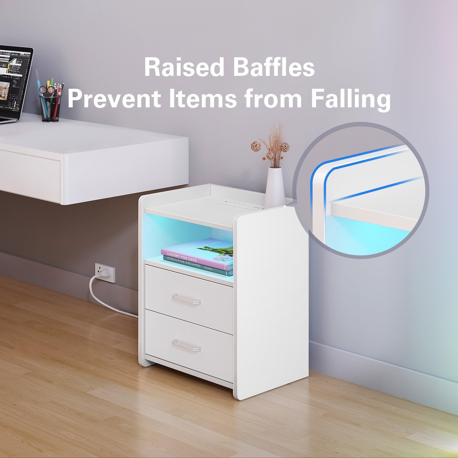 DEPAD Nightstand with Charging Station and LED Light Strip, Night Stands with 2 Drawers, Side Table for Bedroom, LED Black Nightstands (13.78" D x 15.75" W x 23.62" H)