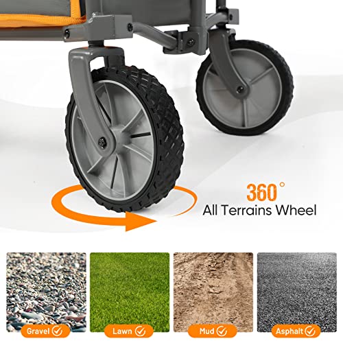 PORTAL Collapsible Folding Wagon Utility Cart Foldable Heavy Duty All Terrain Wagon for Outdoor, Camping, Beach, Garden, Grocery, Orange