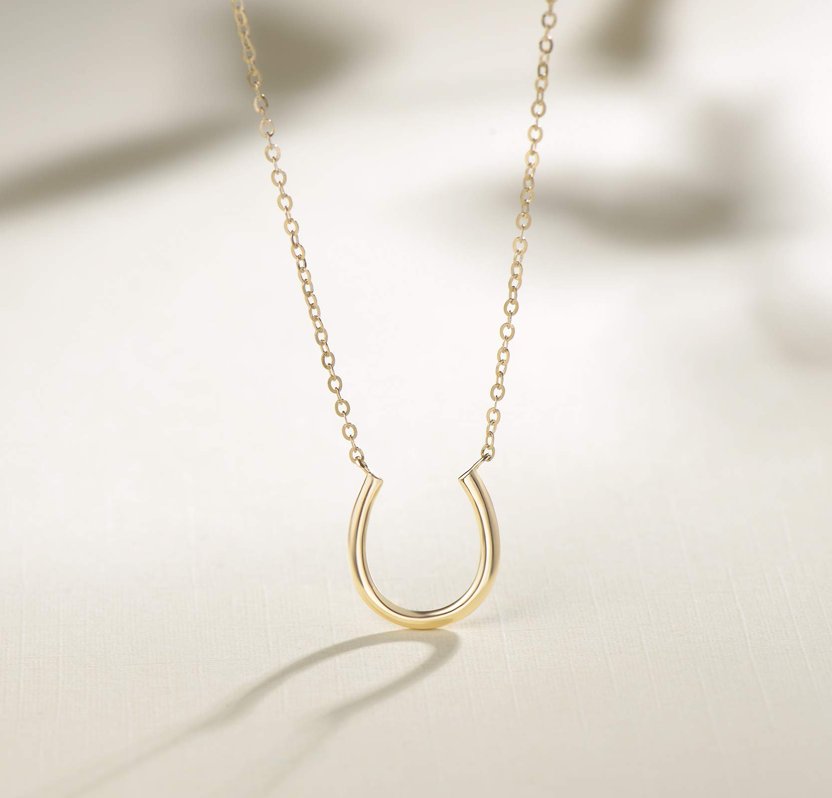 FANCIME 14K Real Solid Gold Horseshoe U Shape Pendant Necklace Fine Jewelry for Women 16+2 inch Extender