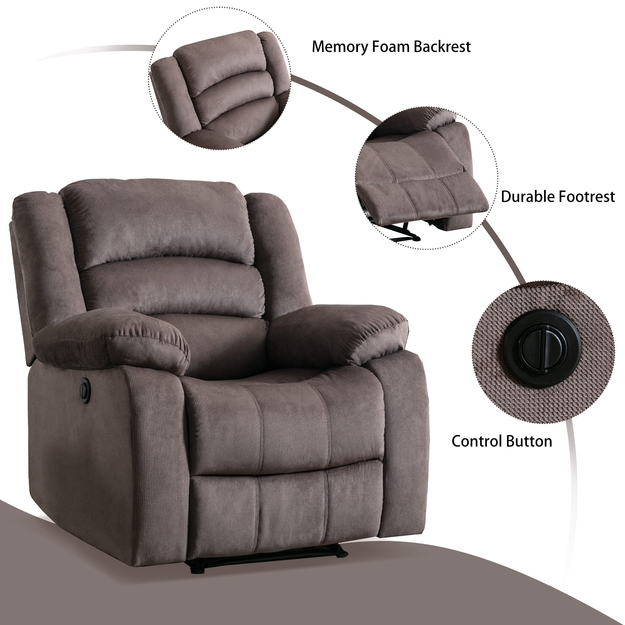 EBELLO Classic Power Recliner Chair, Oversized Electric Overstuffed Reclining Chair with Soft Cushion and Back, Sofa with Comfortable Armchair, Brown