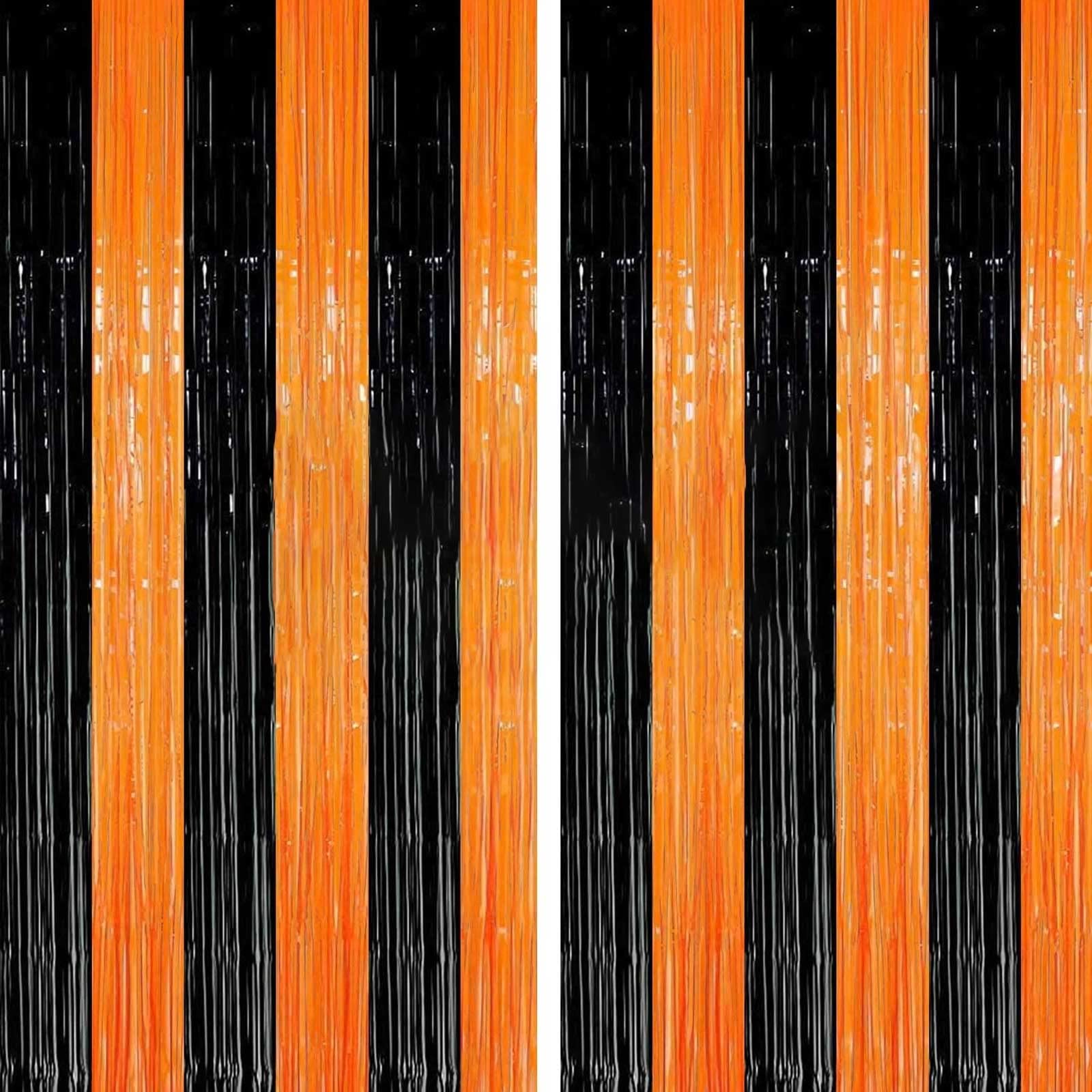 FECEDY 2pcs 3ft x 8.3ft Orange Black Metallic Tinsel Foil Fringe Curtains Photo Booth Props for Halloween Birthday Bridal Shower Baby Shower Bachelorette Holiday Celebration Party Decorations