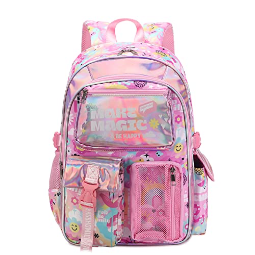 Robhomily 17 Inch Girls Backpack for Elementary School Multi Pocket Pink Backpack for Girls 8-10, Lightweight Kawaii Elementary School Backpack for Girls Waterproof