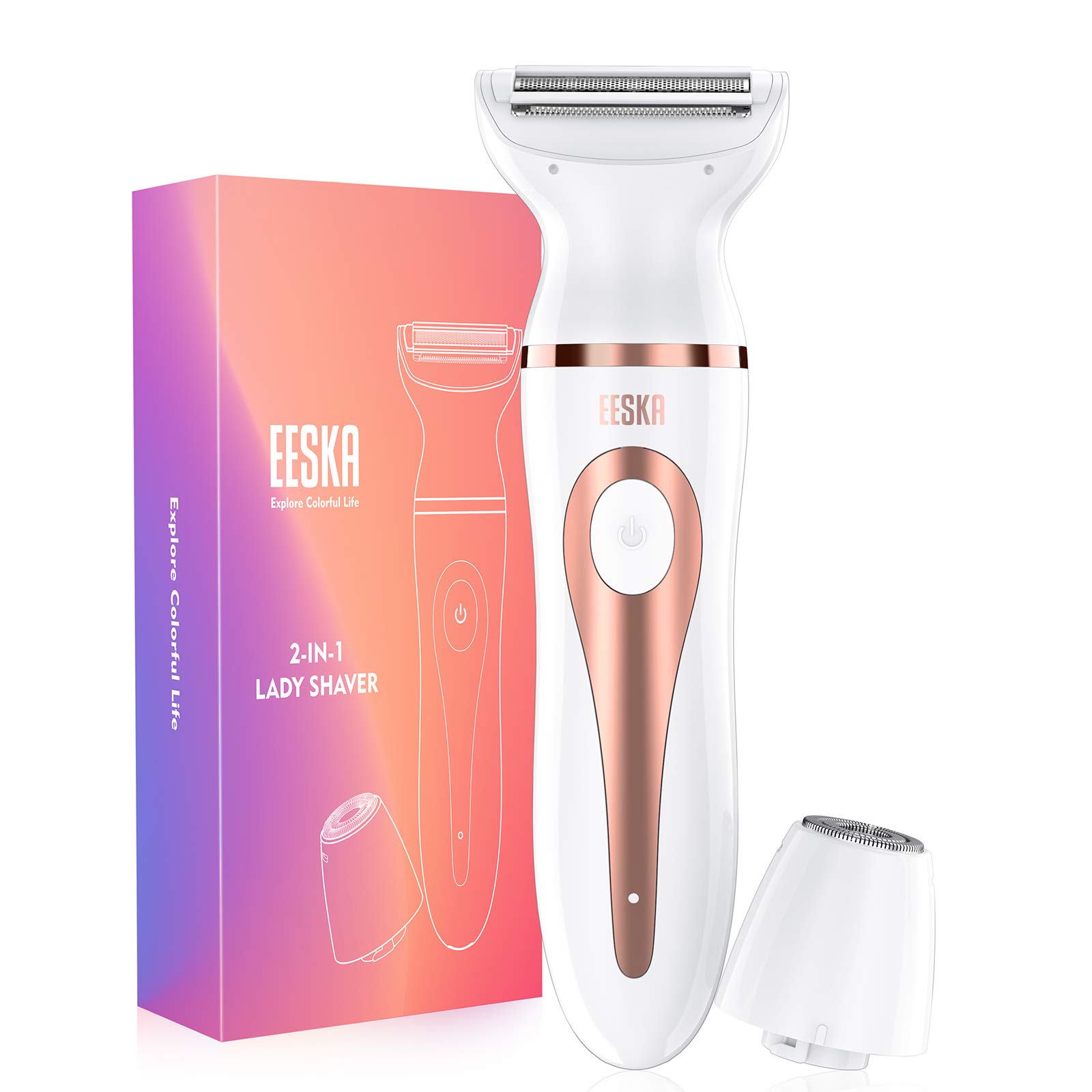 EESKA Bikini Trimmer for Women, 2-in-1 Rechargeable Womens Electric Shaver Pubic Hair Trimmer for Legs Arm and Bikini Hair, Painless Hair Removal Groomer Kit, IPX7 Waterproof (2-in-1 Shaver, White)
