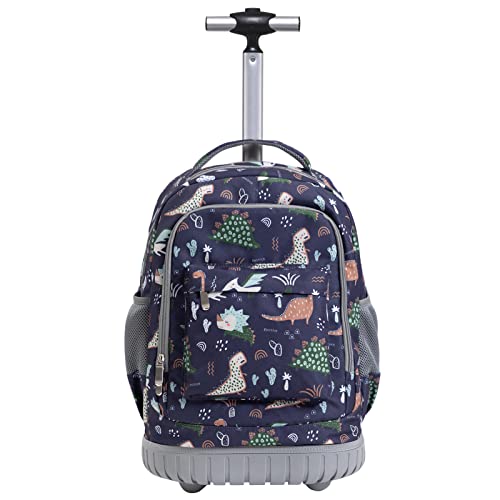 SKYMOVE 18 inches Wheeled Rolling Backpack for Boys and Girls Multi-Compartment School Students Books Laptop Trolley Bag Short Trip Carry-on, Dark Blue Dinosaur