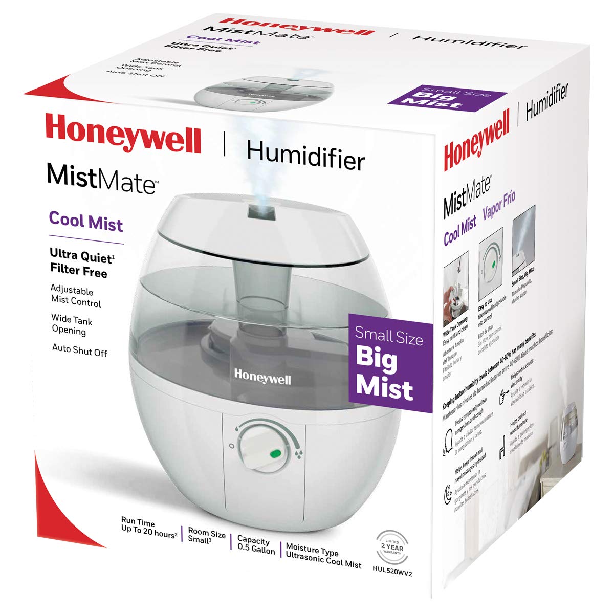 Honeywell HUL520W MistMate Ultrasonic Cool Mist Humidifier, White β Cool Mist Humidifier for Bedroom, Home or Office