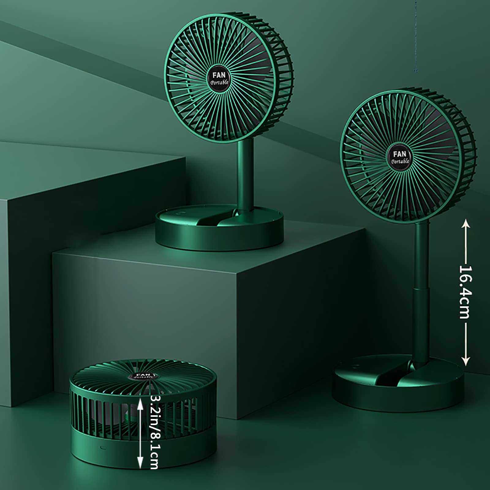 E I F E R Portable Folding Desk Fan with Phone Stand and Mini Storage Box, USB Rechargeable, 3 Speeds, for Desktop or Countertop Use, Green, Summer Essential Tool