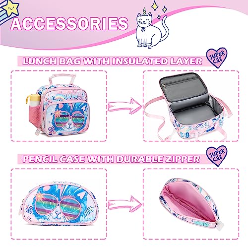 Robhomily Girls Backpack with Lunch Box for Elementary School Preschool Kindergarten,16 Inch Cute Cat Kids Backpack with Lunch Bags Sets for Girls,Pink School Backpack