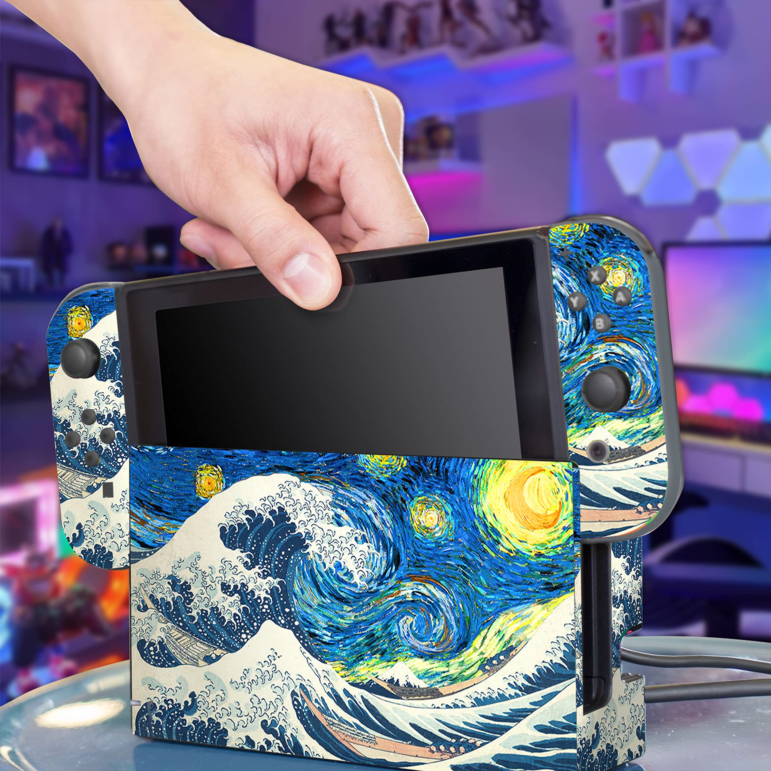 HK Studio Game Console Switch Skins - Japan Wave Game Console Switch Stickers with No Bubble, Waterproof - Game Console Switch Wrap Skin - Including Skin for Joy-Cons, Dock, Grip and Console