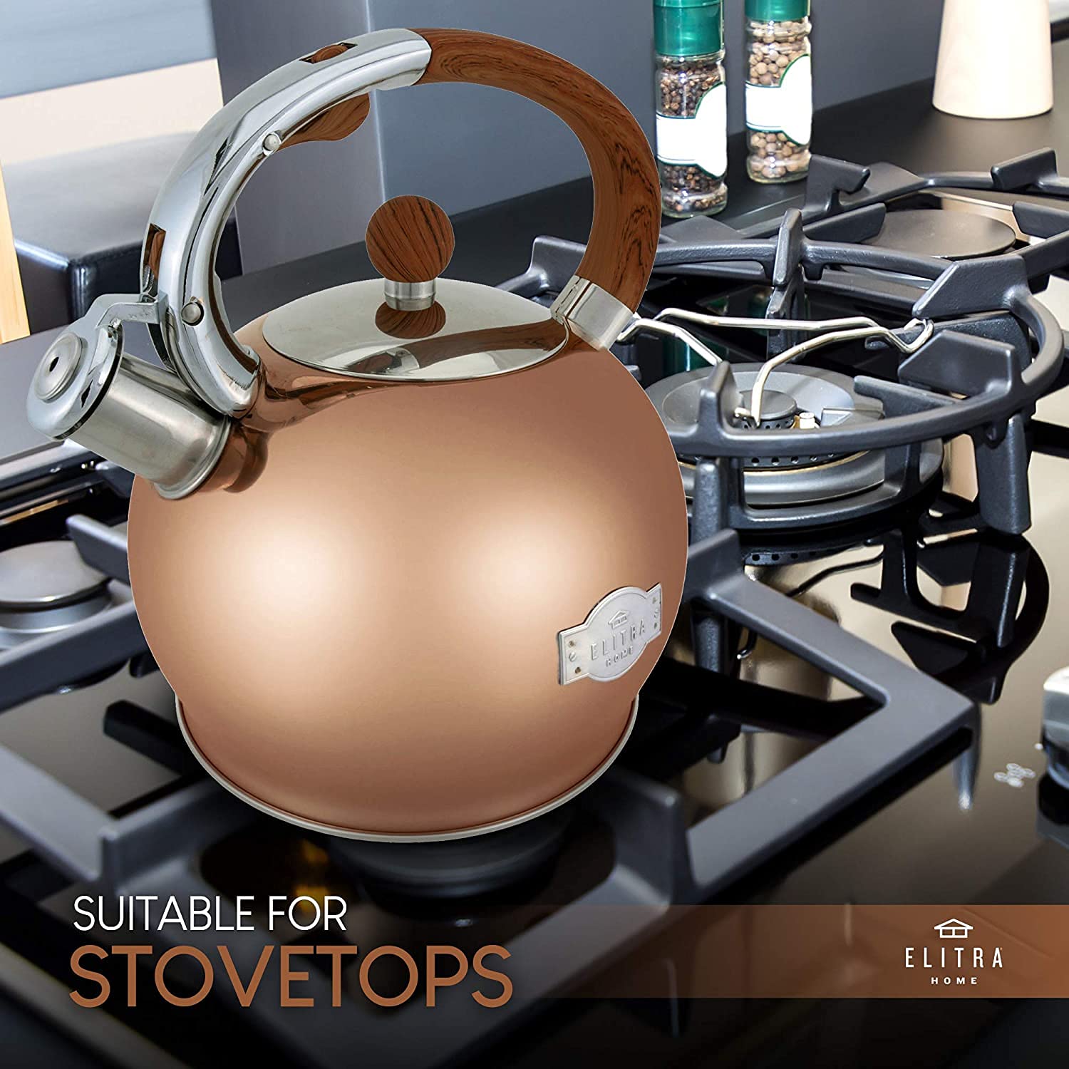 ELITRA HOME Stove Top Whistling Fancy Tea Kettle Stainless Steel Tea Pot with Ergonomic Handle 2.7 Quart / 2.6 Liter BLACK