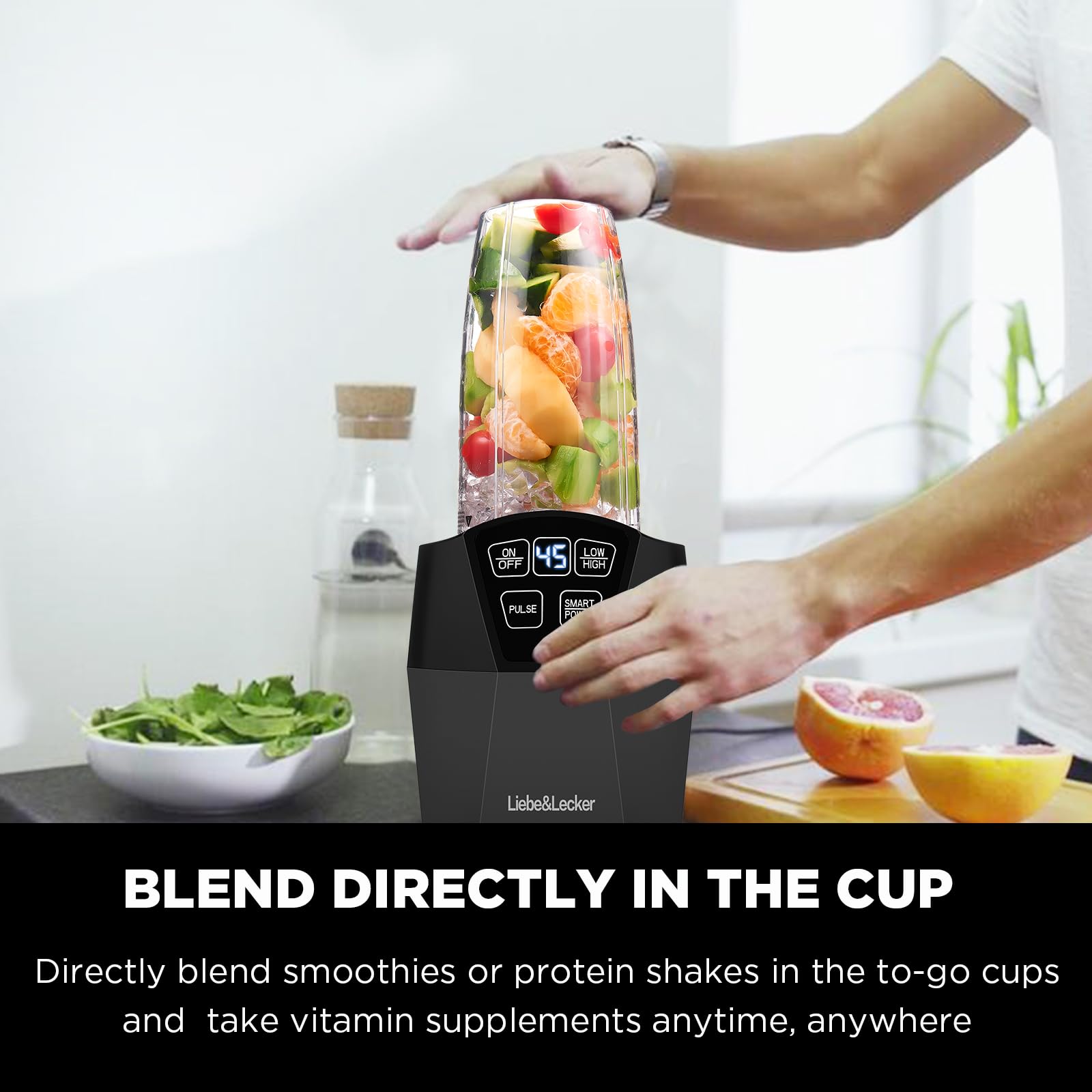 Liebe & Lecker Personal Blender with 1200-Peak-Watts, Smart technology for Frozen Drinks, Shakes, Smoothies & Sauces, Smoothies Blender with 50-oz Pitcher, (2)28-oz To-Go-Cups & Spout Lids, Black