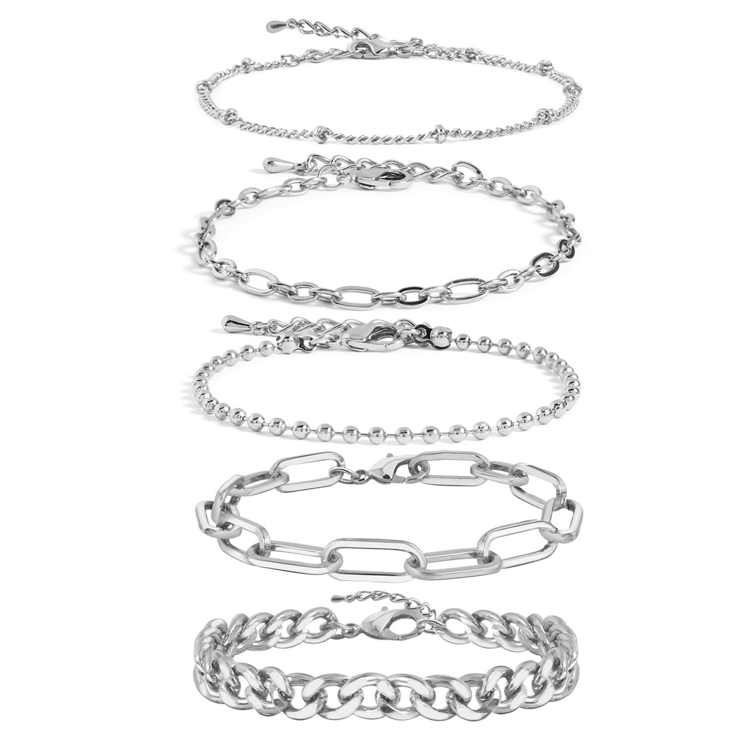 Elegance 11 designs Silver Link Bracelet for Women Silver Plated Dainty Link Beads Bracelets Adjustable Layered Metal Link Bracelet Set Handmade Fashion Jewelry