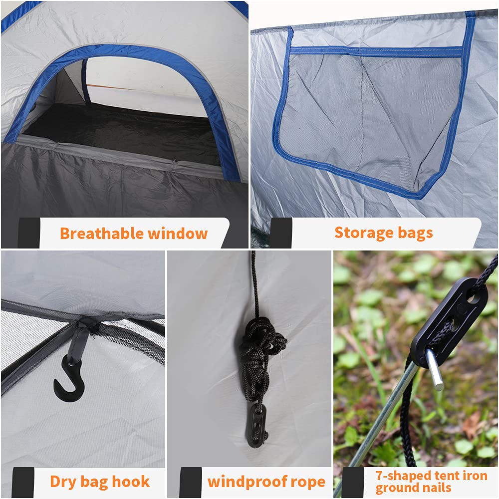 Great Escapes Camping Tent for 4 Person, with Detachable Rain Fly and Portable Carrying Bag, 4 Seasons Use, Easy to Install, BlueGrey