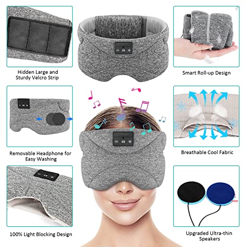 Sleep Mask with Bluetooth Headphones 24 White Noise, Ice-Feeling Bluetooth Sleep Mask Ultra-Thin Speaker Sleep Headphone Mask for Side Sleepers Blackout Eye Mask for Airplane, Nap, Travel(Gray)