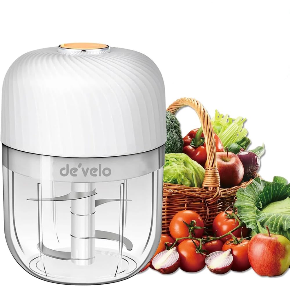 DE'VELO 350ml Electric Garlic Chopper, Portable Cordless Mini Food Processor, Rechargeable Kitchen Vegetable Chopper Blender for Nuts Chili Onion Minced Meat and Spices BPA-Free(White)