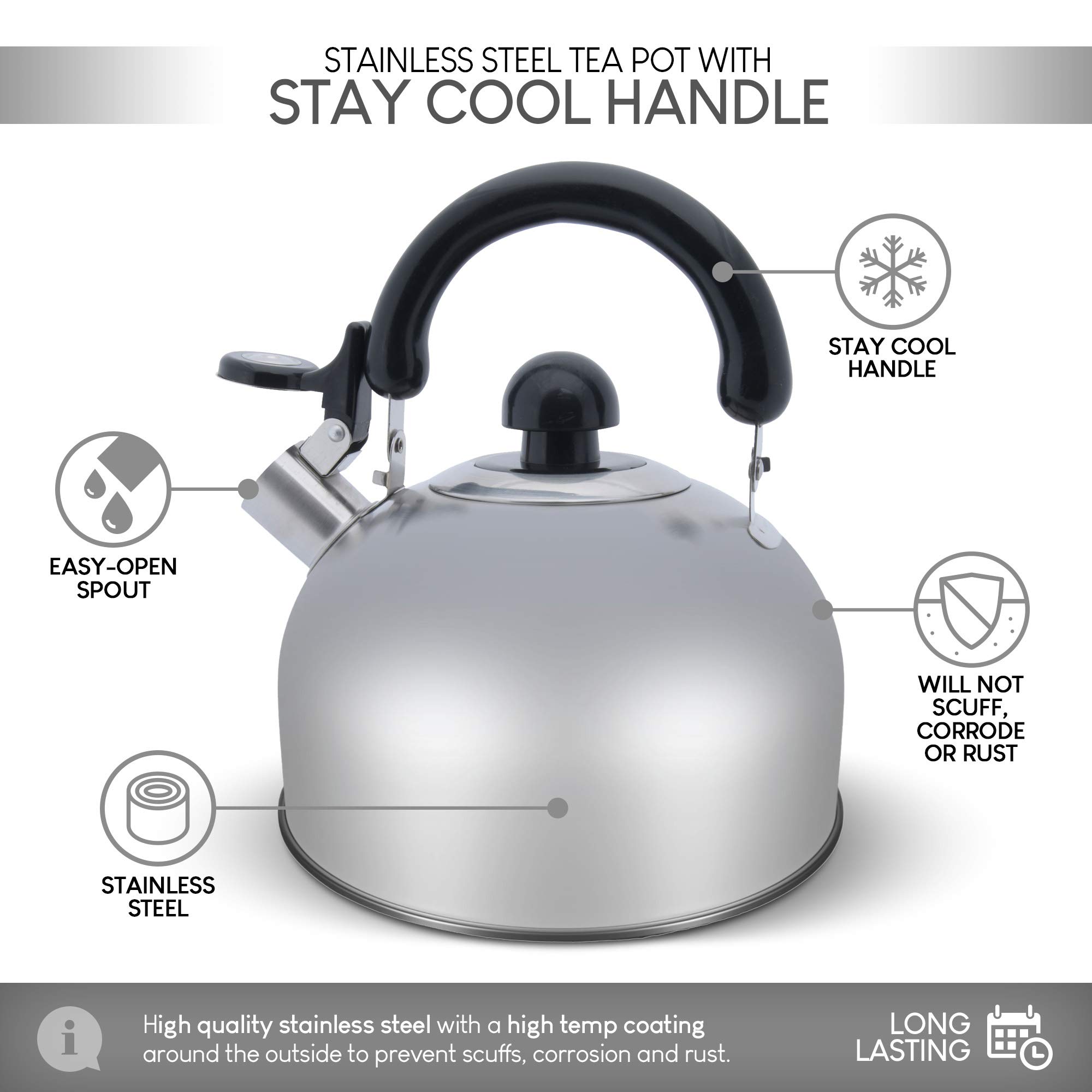 ELITRA HOME Whistling Tea Kettle Stainless Steel Tea Pot with Stay Cool Handle 2.6 Quart / 2.5 Liter (SATIN)
