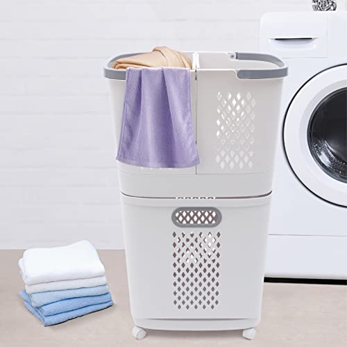 Movable Household Double Laundry Basket Bathroom Clothes Storage Basket with Wheels and Handles Washing Cloths Storage Hamper for Bedroom, Laundry Room, Bathroom