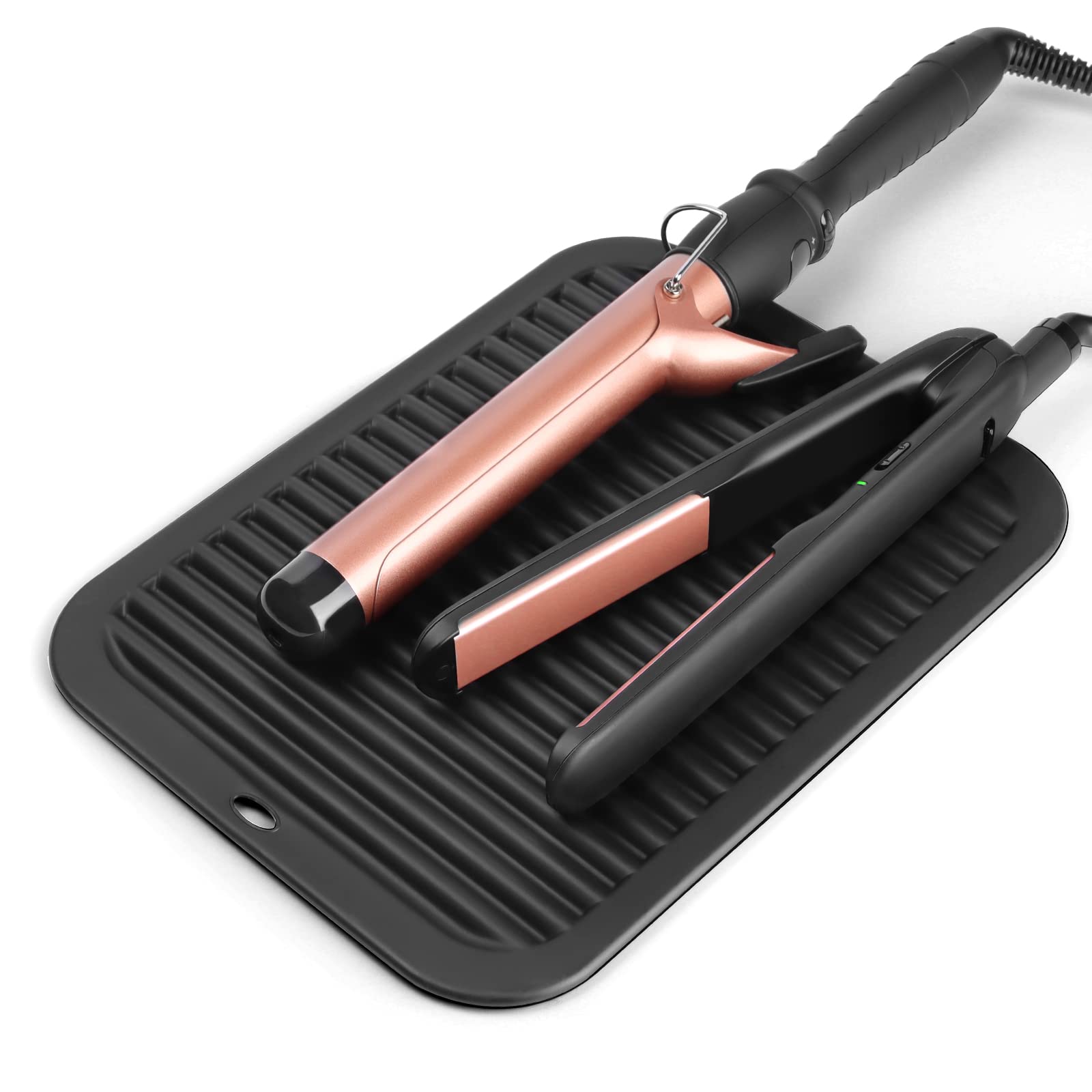 Large Silicone Heat Resistant Mat, Hot Tools Straightener Mat, Professional Heat Mat for Curling Iron, Flat Iron and Hair Styling Tools, Silicone Mat for Hair Tools, with Sticky Fastener (Black)