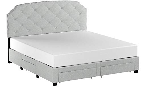 DG Casa Argo Upholstered Panel Bed Frame with Storage Drawers and Diamond Button Tufted Nailhead Trim Headboard, King Size in Platinum Fabric