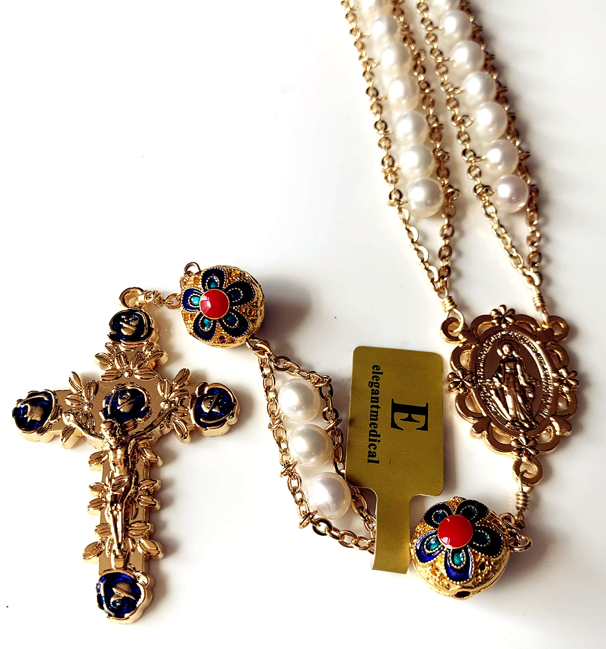 elegantmedical handmade 18KGold-plated Ladder to Heaven pearl & Enamel Beads Catholic Rosary crucifix Necklace box