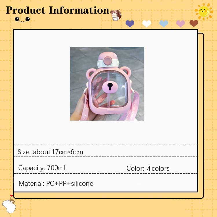 FEUSEUZ Kawaii Water Bottle 24 oz square transparent water bottle Cute little bear portable water bottle with strap and sticker (coffee,700ml)