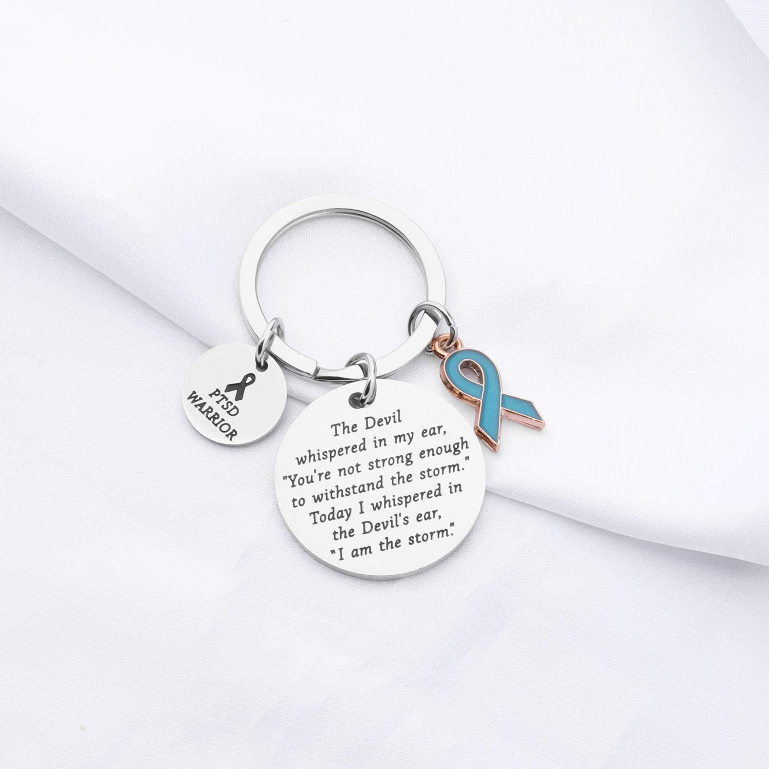 FUSTMW PTSD Keychain Gifts PTSD Awareness Teal Ribbon Gifts PTSD WARRIOR I Am The Storm PTSD Awareness Jewelry Survivor Gifts (silver)