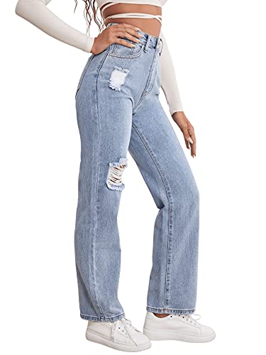 SweatyRocks Women's High Waist Straight Leg Jeans Ripped Distressed Denim Pants Light Blue S