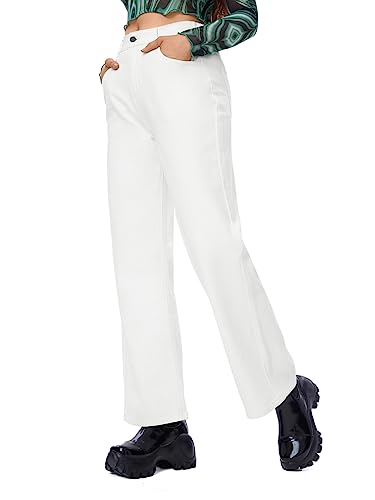 SweatyRocks Women's Casual Loose High Waist Solid Straight Wide Leg Jeans White Elastic Waist S