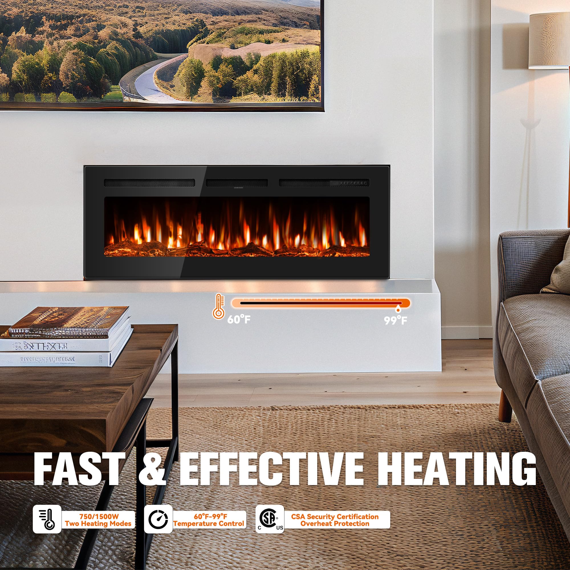 Manastin 60 Inch Electric Fireplace in-Wall Recessed and Wall Mounted with Remote Control, 750W/1500W Thin Wall Fireplace Heater(60-99ยฐF Thermostat) with 12 Adjustable Color, Timer and Log Set