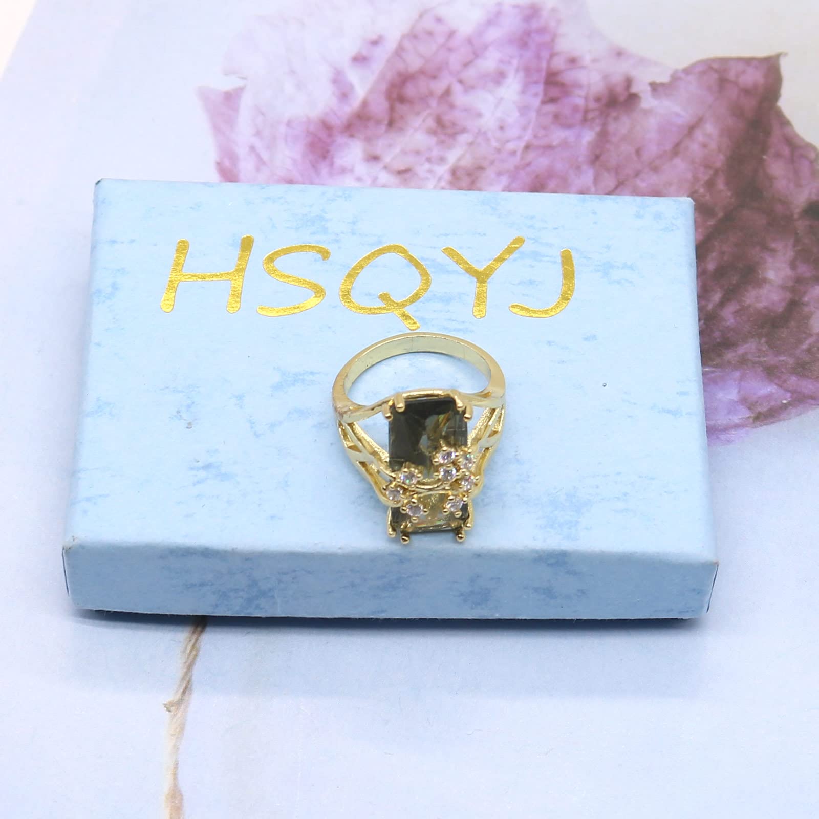 HSQYJ Luxury Champagne Crystal Rectangle Wedding Ring Flower Zirconia Cocktail Exaggeration Engagement Charm Statement Jewelry Finger Rings for Women Gift Gold Plated