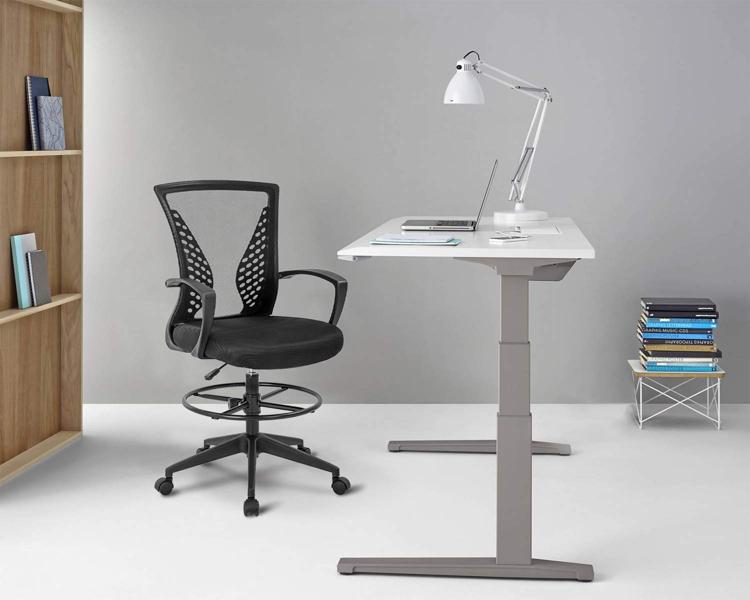 Drafting Chair Tall Ergonomic Office Chair Home Desk Chair Rolling Computer Mesh Swivel Modern Executive Task Chair with Height Adjustable Foot Rest Mid Back Lumbar Support Armrest Black