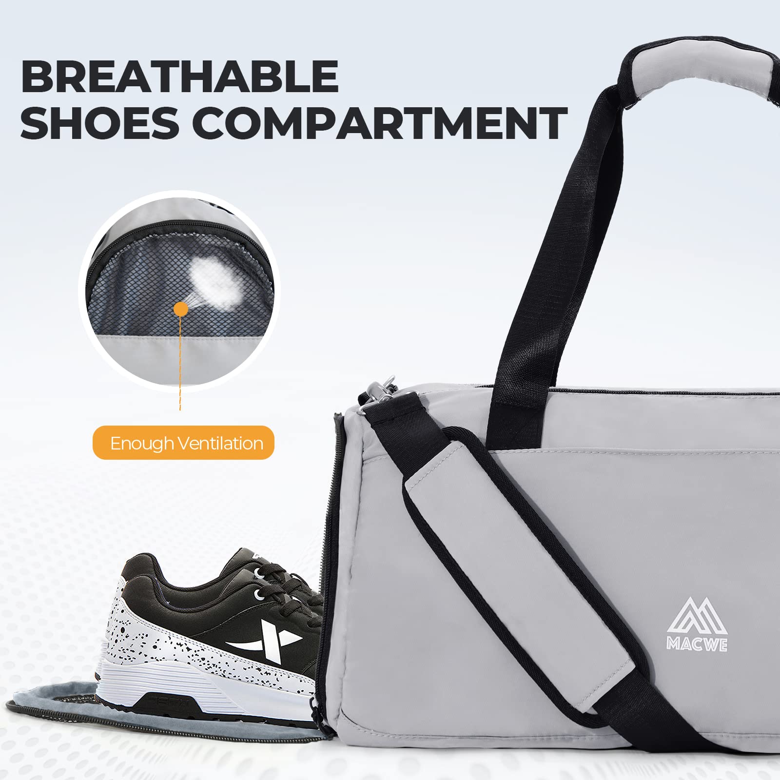 Duffel Gym Bag for Women, 40L Sports Bag for Men, Foldable Workout Bag with Shoe Compartment and Wet Pocket, Lightweight Weekender Overnight Bags (Grey)