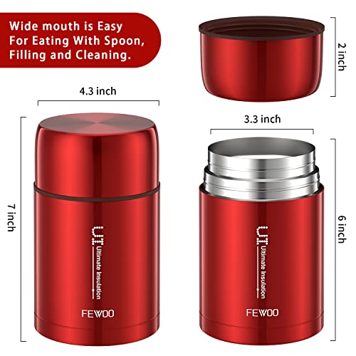 FEWOO Food Jar - 27oz Vacuum Insulated Stainless Steel Lunch Thermos, Leak Proof Soup Containers with bag for Hot or Cold Food (Red)