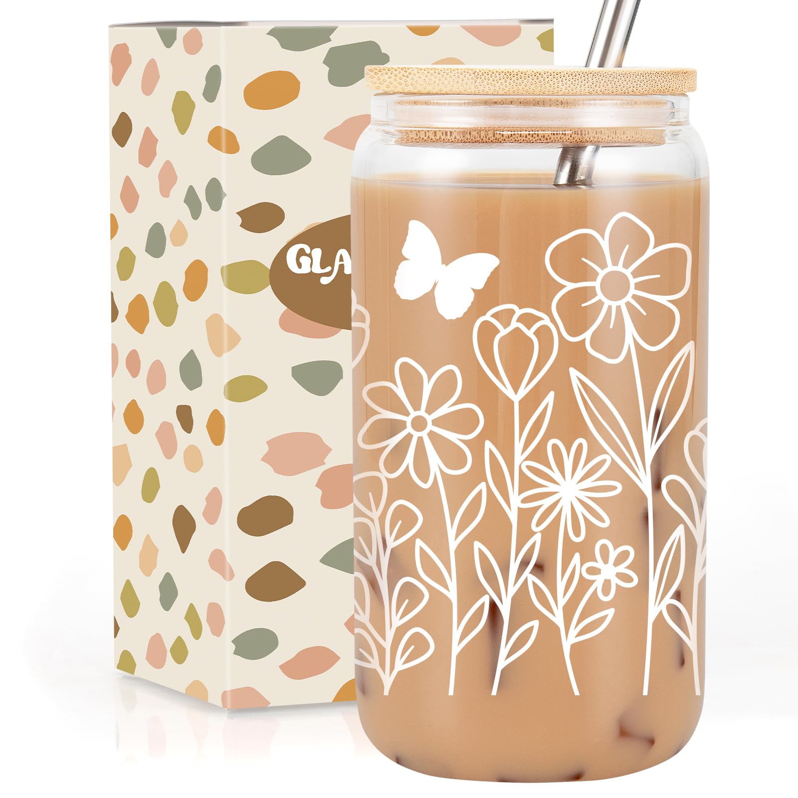 GSPY Floral with Butterfly Iced Coffee Cup, 16oz Iced Coffee Glasses with Lids and Straws - Cute Glass Cups, Aesthetic Cup, Glass Tumbler - Birthday, Mothers Day Gifts for Women, Coffee Lovers