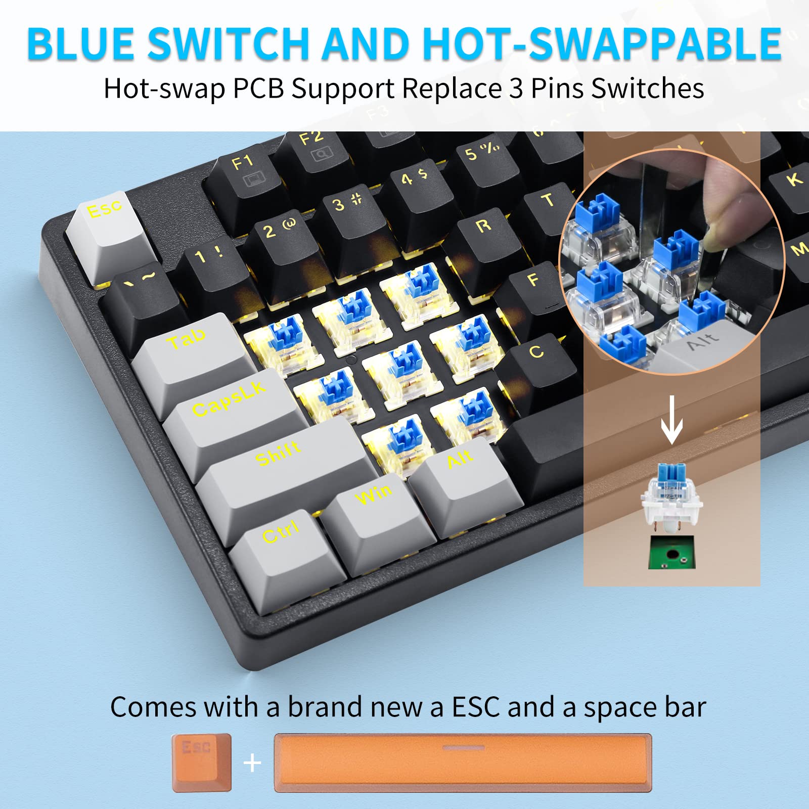 HUO JI E-YOOSO Z-87 Mechanical Gaming Keyboard 87 Key LED Backlit Wired with Anti-Dust Proof Switches Tenkeyness for Windows PC (Blue Switches,Black and Grey)