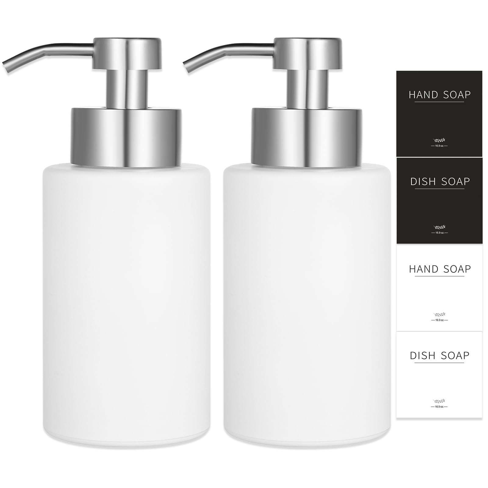 Foaming Soap Dispenser Set, 17 Oz White Glass Hand Soap Dispenser with 304 Rust Proof Stainless Steel Pump, Waterproof Labels, Bottles for Bathroom Decor Kitchen College Dorm, 2 Pack