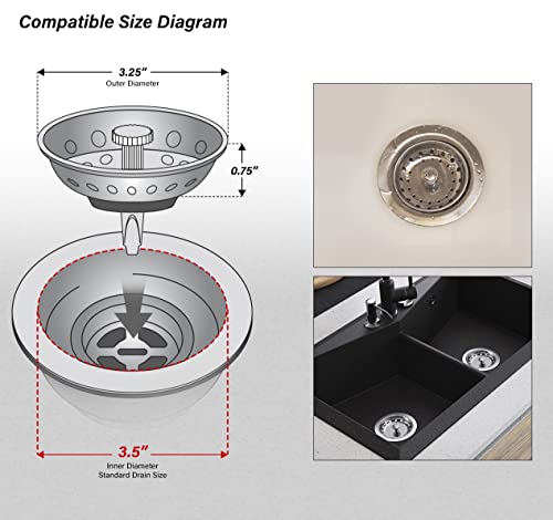 Highcraft FAUC97333-2 Kitchen Sink Basket Strainer Replacement for Standard Drains (3-1/2 Inch) Chrome Plated Stainless Steel Body With Rubber Stopper, Pack Of 2