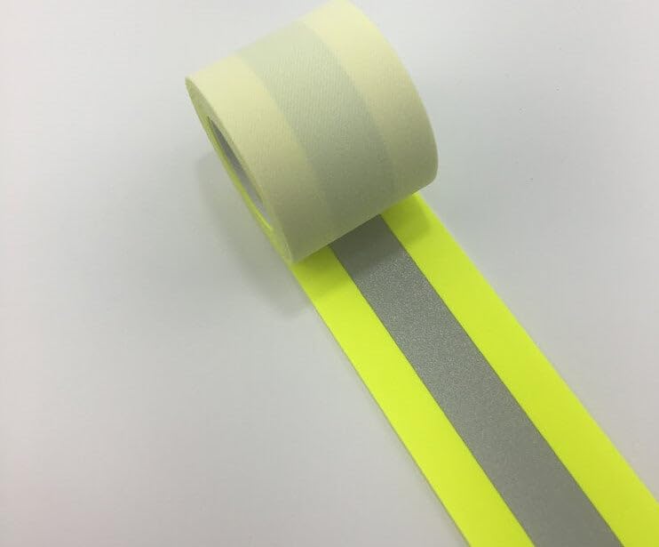 Sew on High Visibility Hi Vis Retro Reflective Fabric Tape (2" x 5 yds, Lime/Silver)