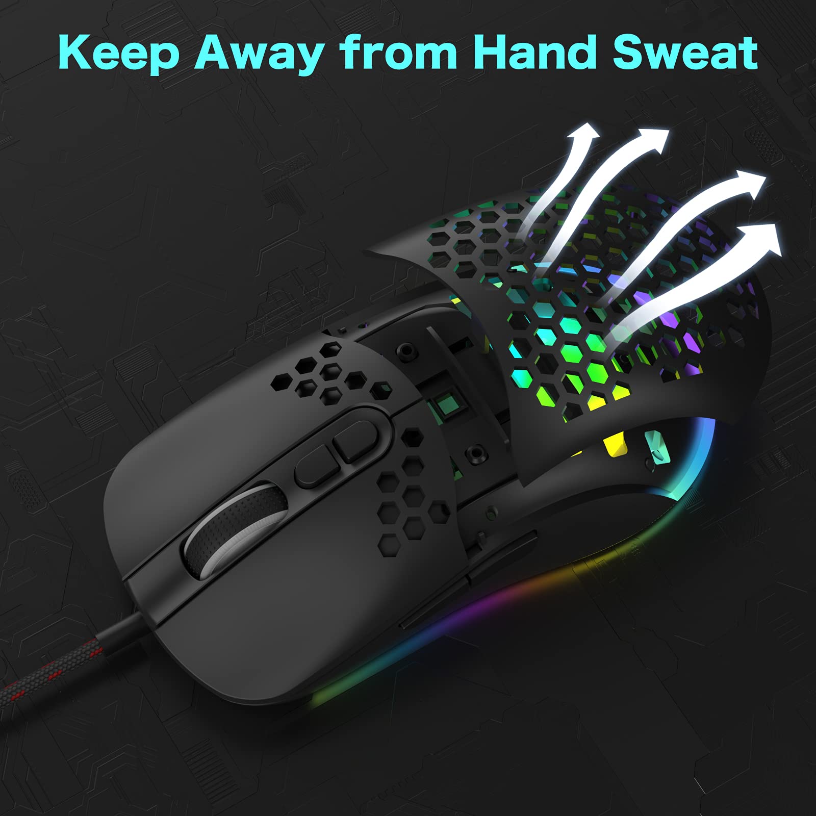 K KOMOI RGB Honeycomb Wired Mouse, Ultra Lightweight LED Wired Computer Mouse with 7 Buttons, Ergonomic USB Mouse for PC, Laptop, Computer Gamers (Black)