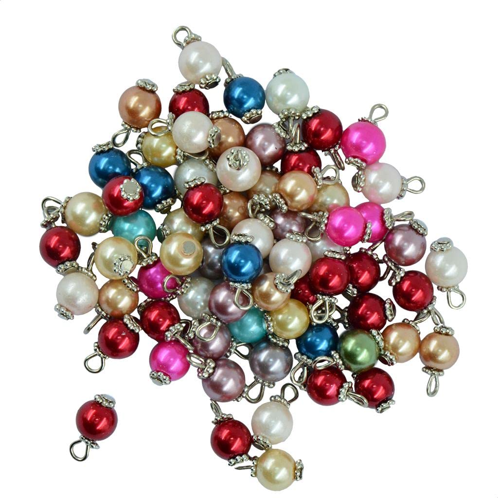 Dovewill 50 Pieces Colourful Charms Dangle Pendant Metal Flower Round Glass Pearl Beads - Silver