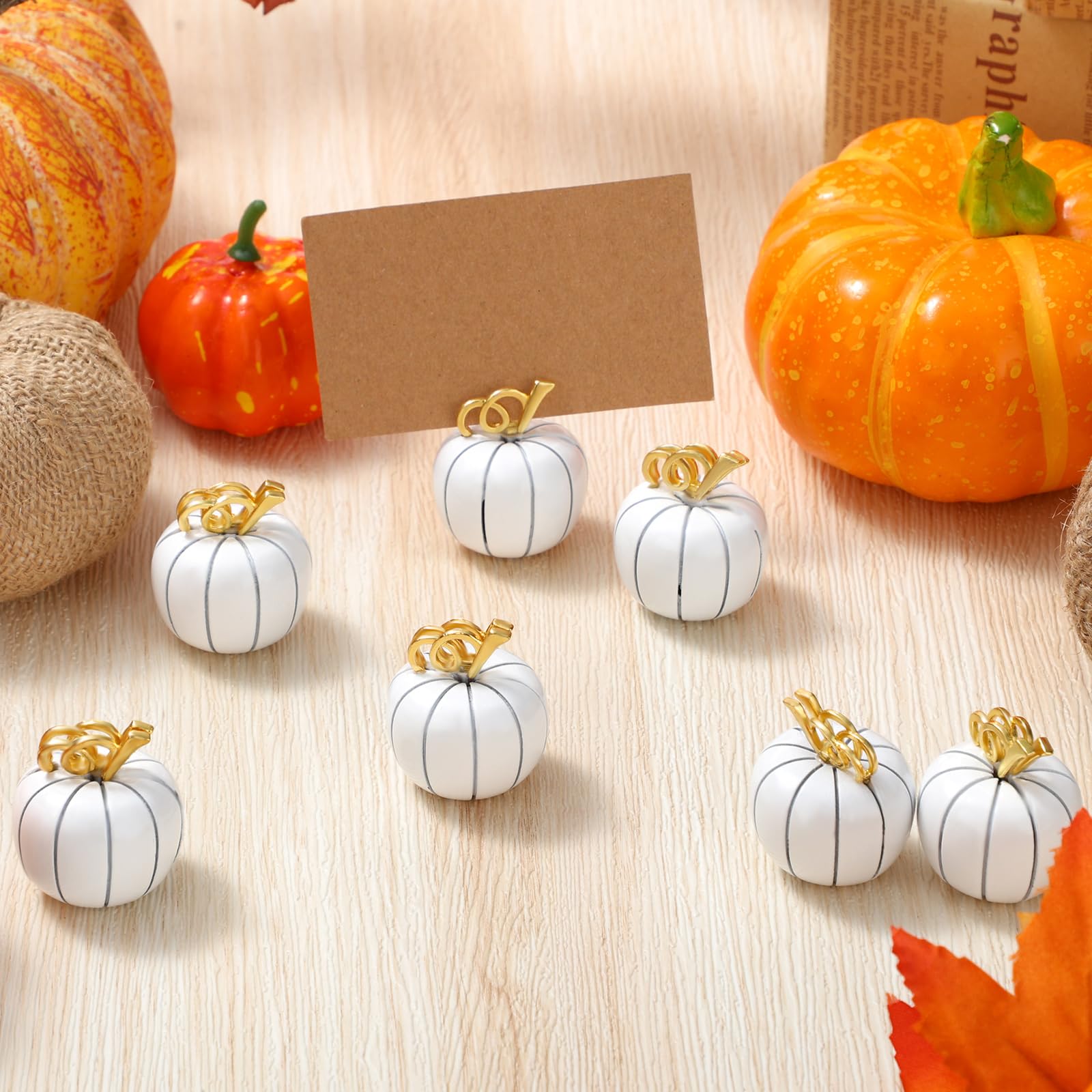 Thyle 24 Pcs Pumpkin Place Card Holder Thanksgiving Pumpkin Stand Holders Mini Pumpkin Photo Holder Fall Table Decoration Harvest Pumpkin Table Number Holders for Party Wedding Table (White)